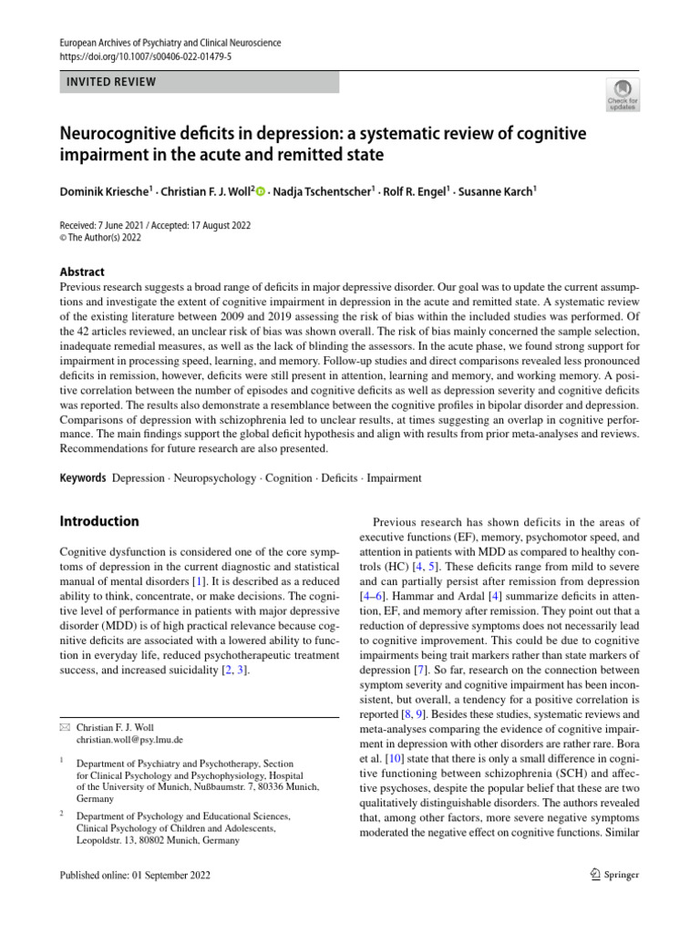 Neurocognitive Deficits in Depression Review 2021 | PDF | Major ...