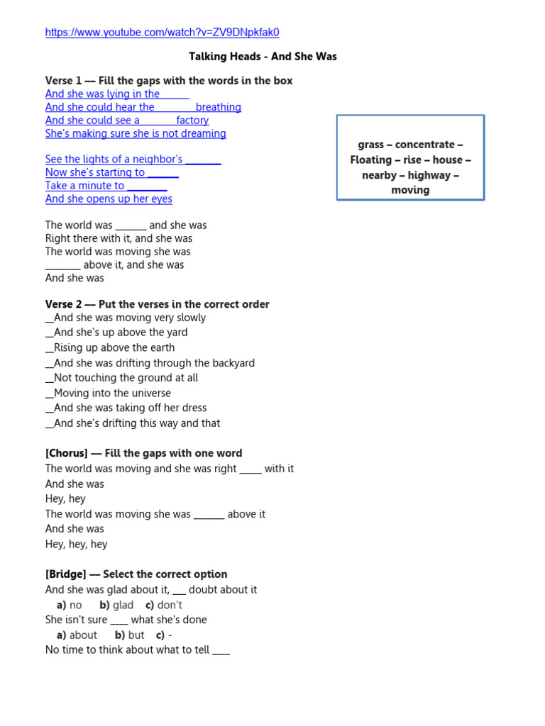 And She Was - Talking Heads (Past Continuous and Simple, Present Simple ...