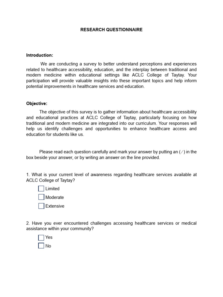 RESEARCH QUESTIONNAIRE | PDF | Health Care | Medicine