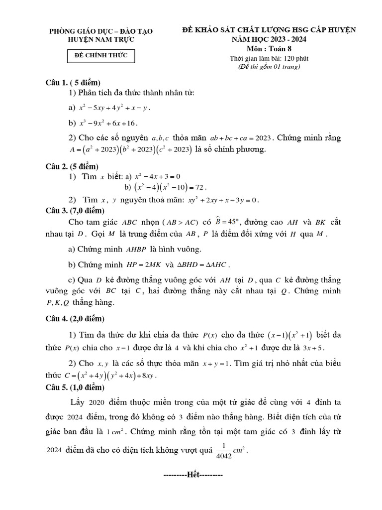ĐỀ THI KSCL HSG CẤP HUYỆN TOÁN 8 NĂM HỌC 2023-2024 | PDF