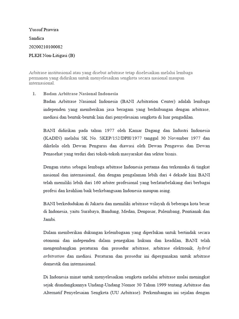 Yussuf Prawira Sandica Tugas PLKH NOn Litigas Tentang Abritrase Syariah | PDF | Bisnis ...