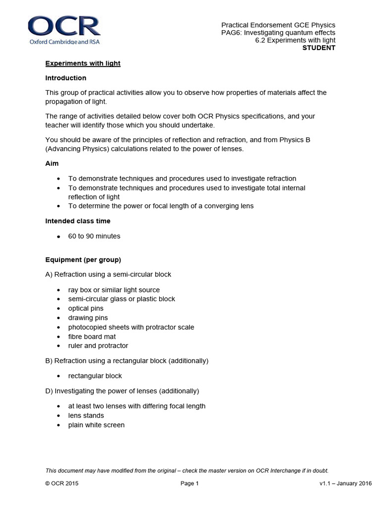 Physics Student Sheet 6.2 Experiments With Light v1.1 | PDF | Optics ...