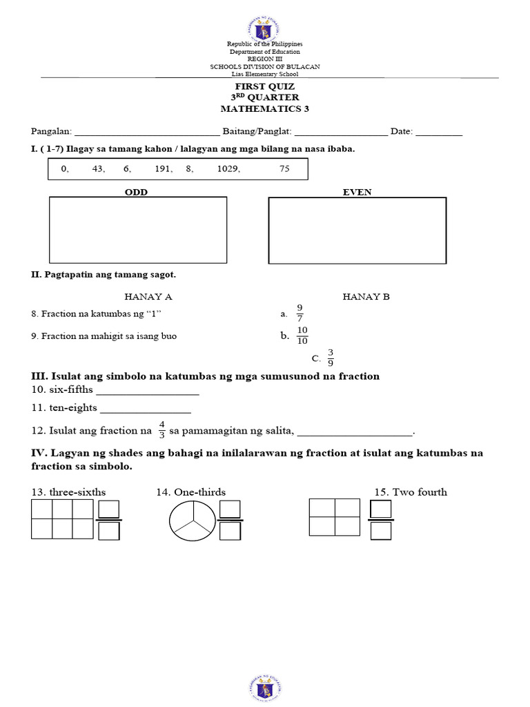 3rd Quarter Math Quiz for Grade 2 | PDF | Mathematics
