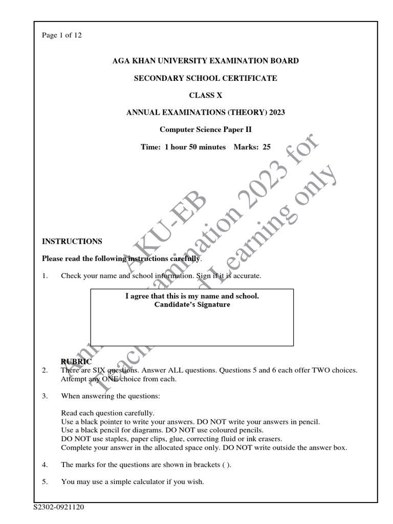 Annual Examination Paper 2 2023 of Akueb Class X Computer Science | PDF ...
