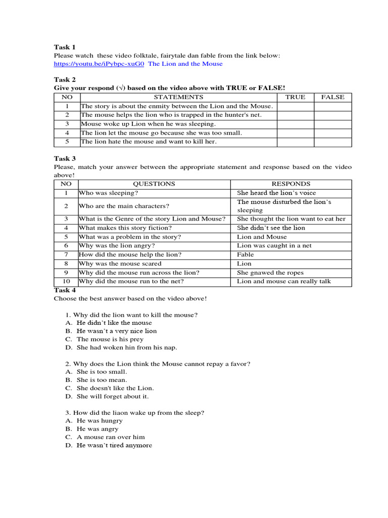 Children's Fable Comprehension Quiz | PDF | Language Arts & Discipline ...