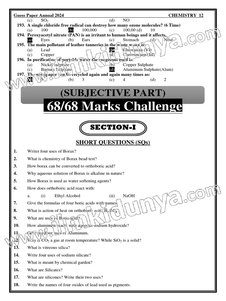 Class 12 Chemistry Guess Paper 2024 | PDF | Aldehyde | Benzene