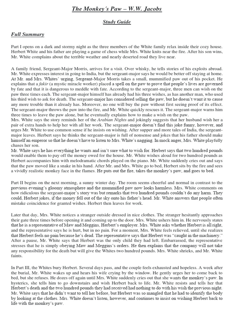 "The Monkey's Paw Study Guide Summary" | PDF