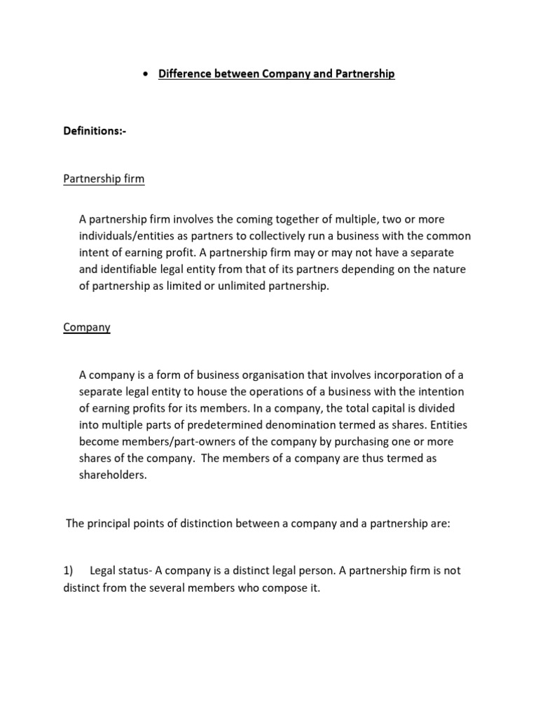 Difference Between Company and Partnership | PDF | Partnership | Companies