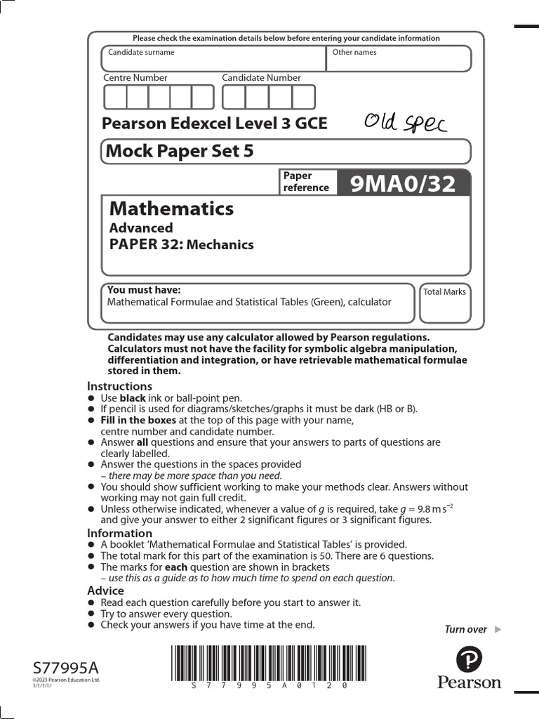 0s5 9MA0-32 Mechanics - Mock Set 5 Question Paper PDF | Download Free PDF | Acceleration ...