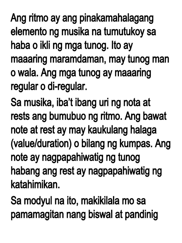 Ang Ritmo Ay Ang Pinakamahalagang Elemento NG Musika Na Tumutukoy Sa Haba o Ikli NG Mga Tunog | PDF