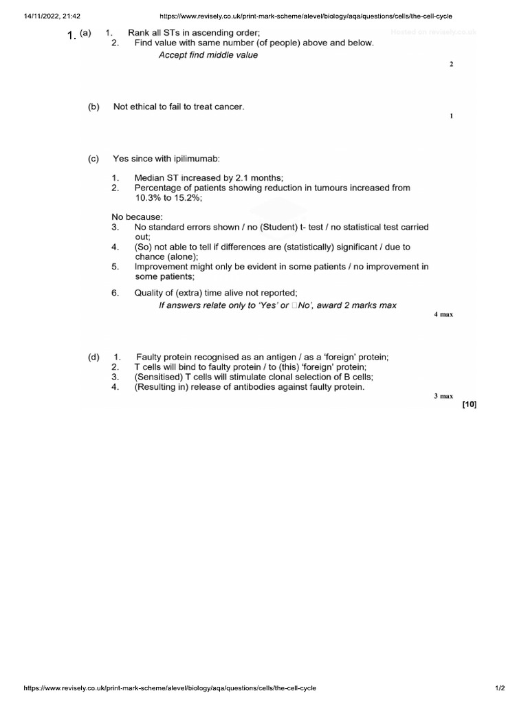 AQA A Level Biology Cell Cycle Mark Scheme | PDF