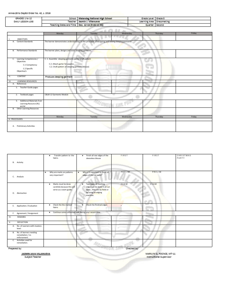 DLL in Dressmaking 8 W6 Q2 | PDF | Learning | Behavior Modification