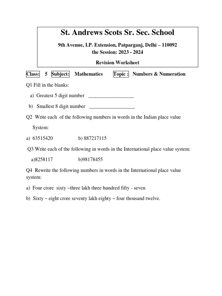 Maths - Unit-1 Numbers & Numeration Worksheet (V) | PDF | Career & Growth