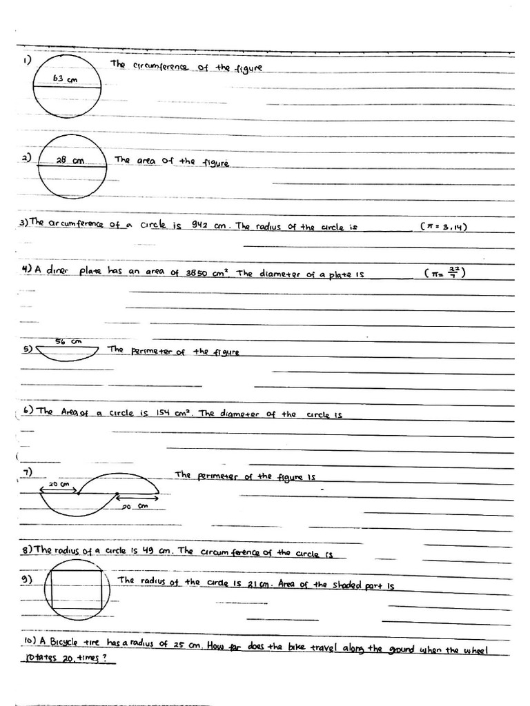 Perimeter and Area Circle Exercise sheet | PDF