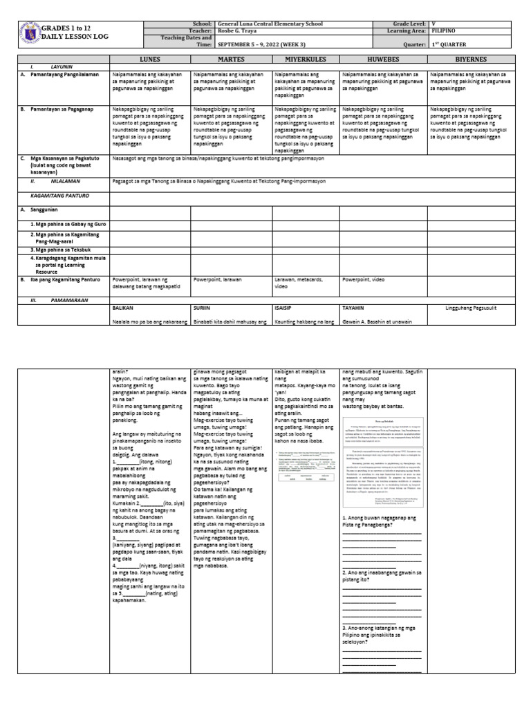 DLL - Filipino 5 - Q1 - W3 | PDF
