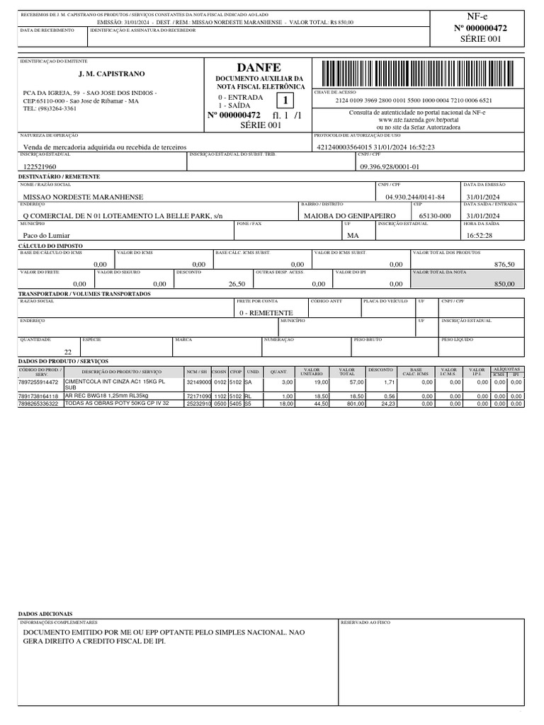 Nota Fiscal de Material de Construção | PDF | Recibo | Marketing