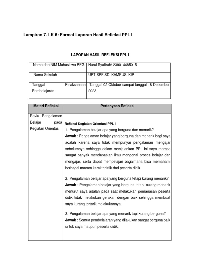 TOPIK 5 - Lampiran 7. LK 6 Contoh Format Laporan Hasil Refleksi PPL I | PDF | Karier & Perkembangan