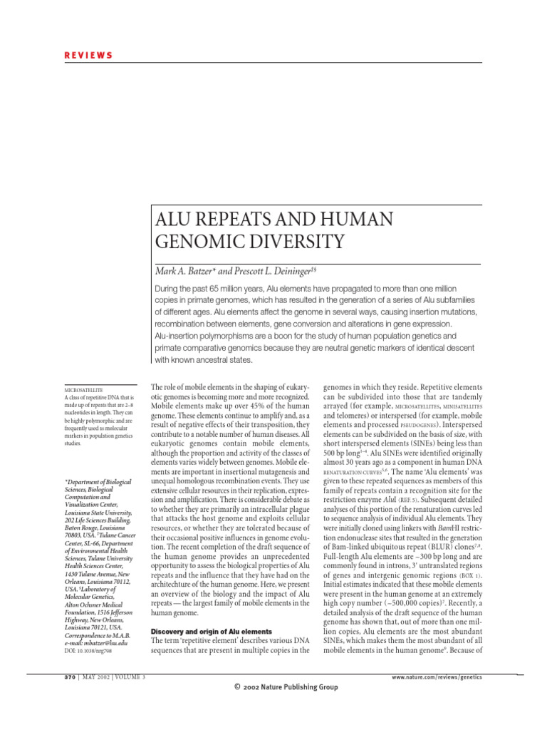 Batzer 2002 Alu Repeats and Human Genomic Diversity Nature Publishing ...