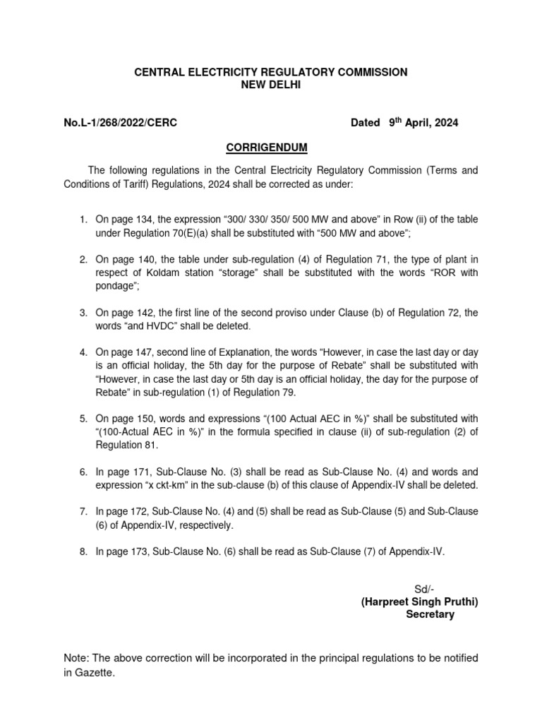 CERC Terms and Conditions of Tariff Regulations 2024 CORRIGENDUM | PDF