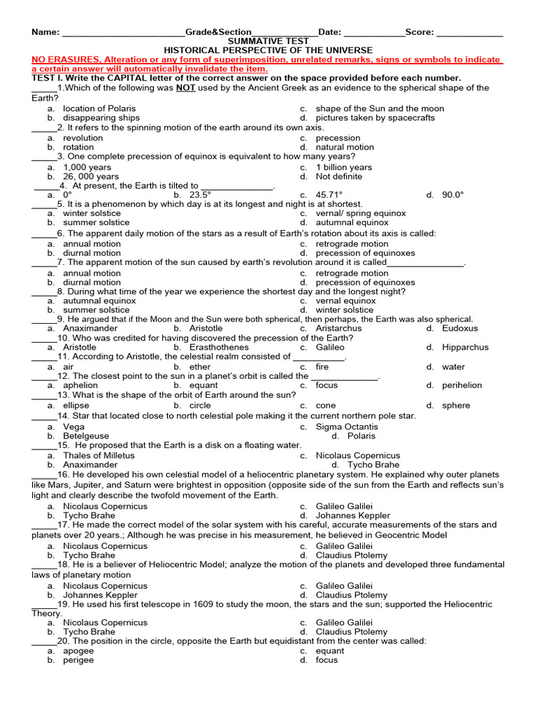 Historical Perspective of The Universe Quiz 1 | PDF | Heliocentrism | Apsis