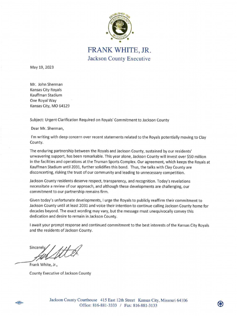 County Executive Frank White's Letter To Royals Owner John Sherman ...