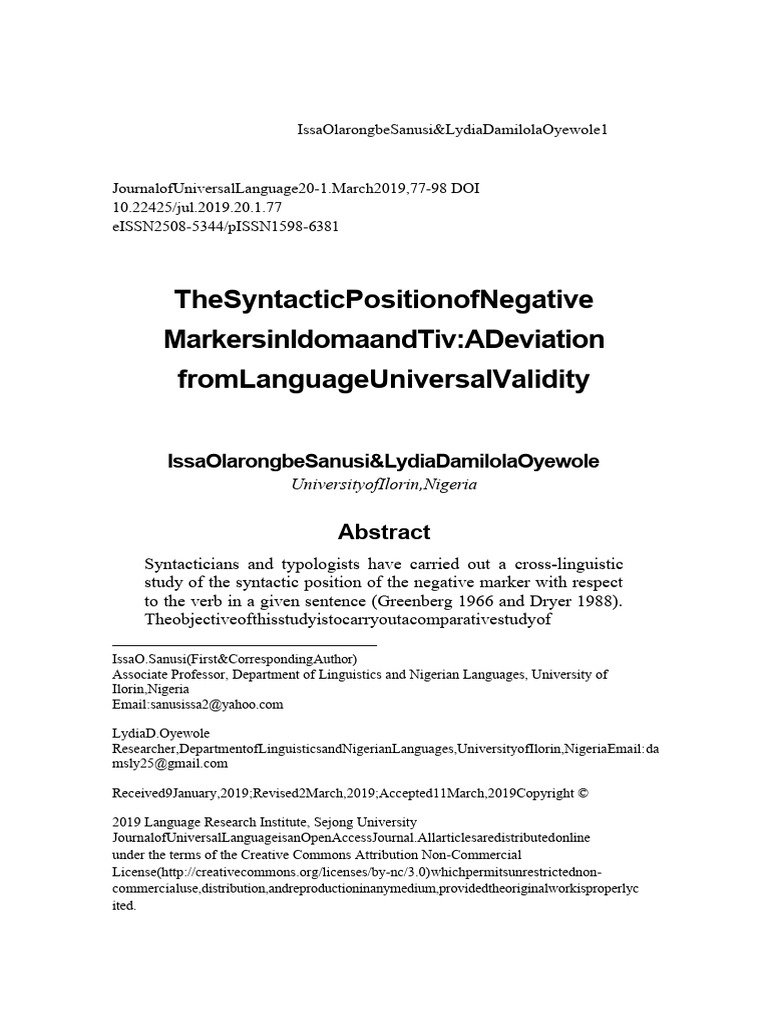 The Syntactic Position Of Negative Markers In Idom Pdf Linguistic Typology Syntax
