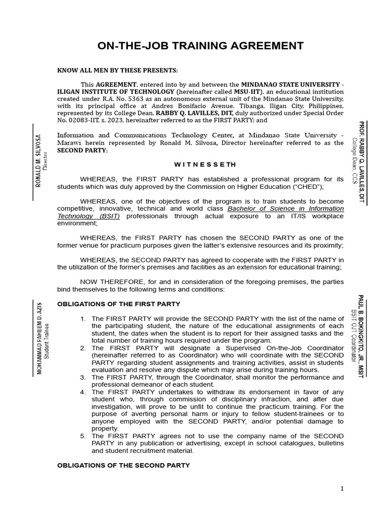 SOJT MOA Template - BSIT | PDF