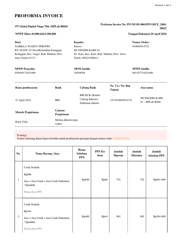 Proforma Invoice S10005914752 | PDF