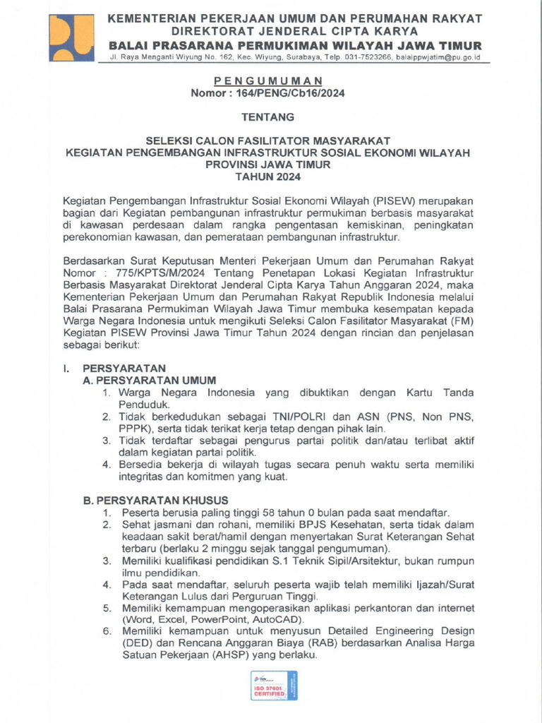 Pengumumam Awal Rekrutmen FM PISEW 2024 | PDF