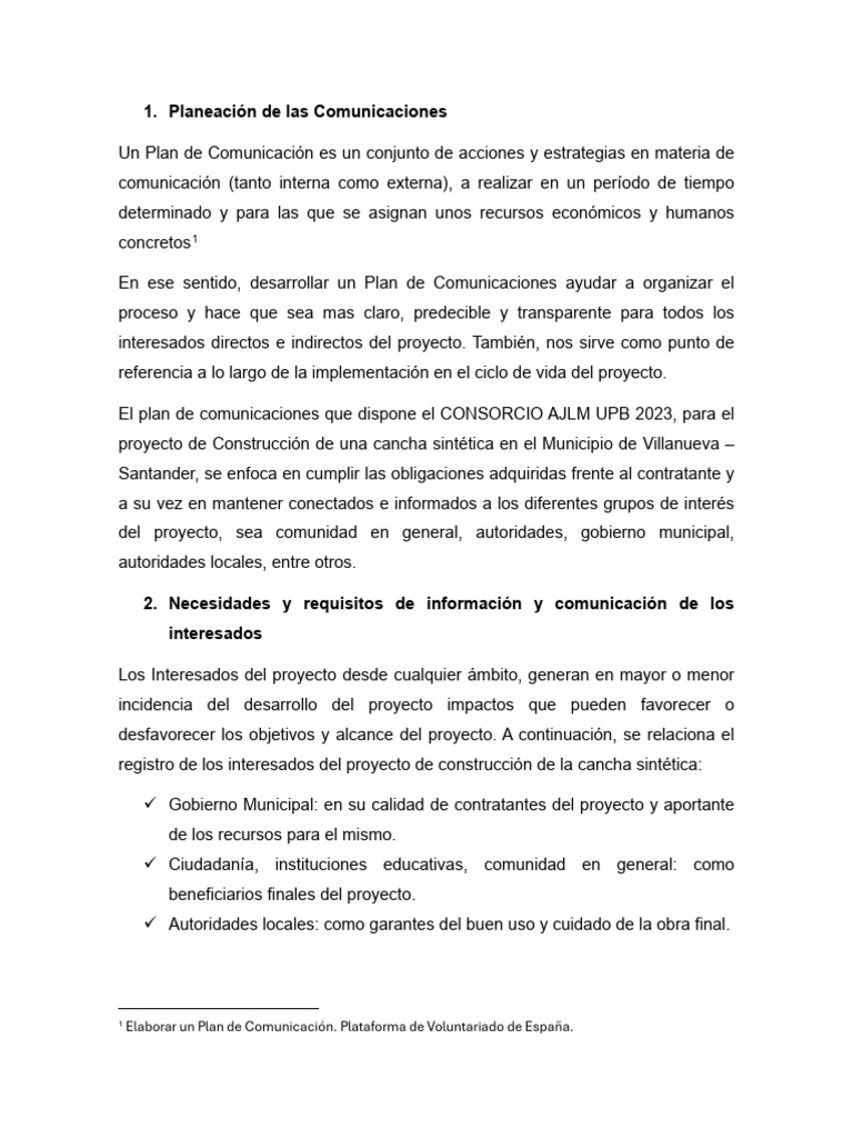 Plan de Comunicaciones - Construcción Cancha Sintetica | PDF | Chat en ...