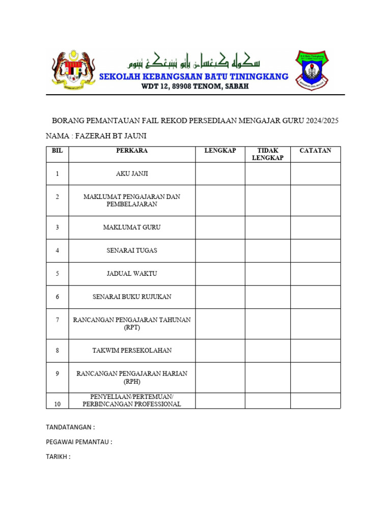 Borang Pemantauan Fail Rekod Persediaan Mengajar Guru 2024 | PDF
