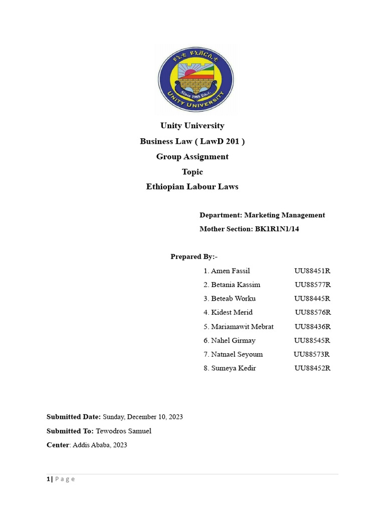 Unity University Business Law (Lawd 201) Group Assignment Topic ...