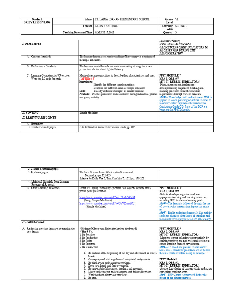 COT-DLP-Science-6-Simple-Machines-WITH-ANNOTATIONS-1 | PDF | Learning | Curriculum