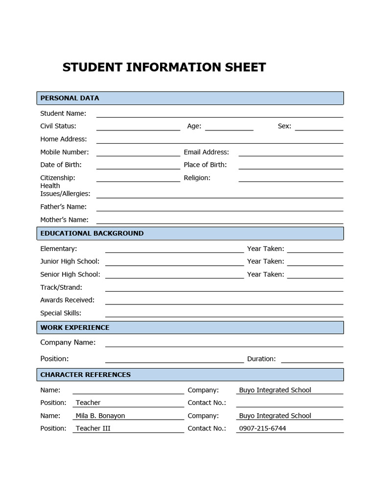 Student Information Sheet 2024 | PDF