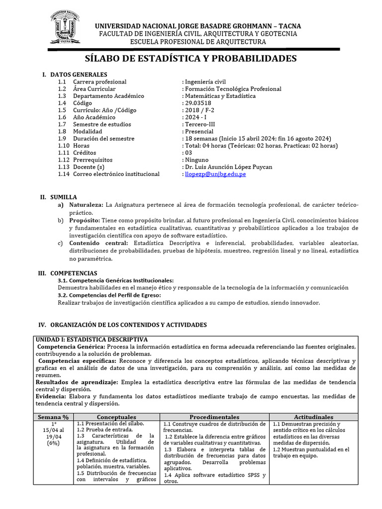 SILABO ESTADÍSTICA y PROBABILIDADES - 2024-I | PDF | Estadísticas | Spss