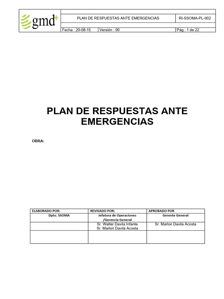 RI-SSOMA-PL-002 PLAN DE RESPUESTAS ANTE EMERGENCIAS | PDF | Primeros auxilios | Bombero
