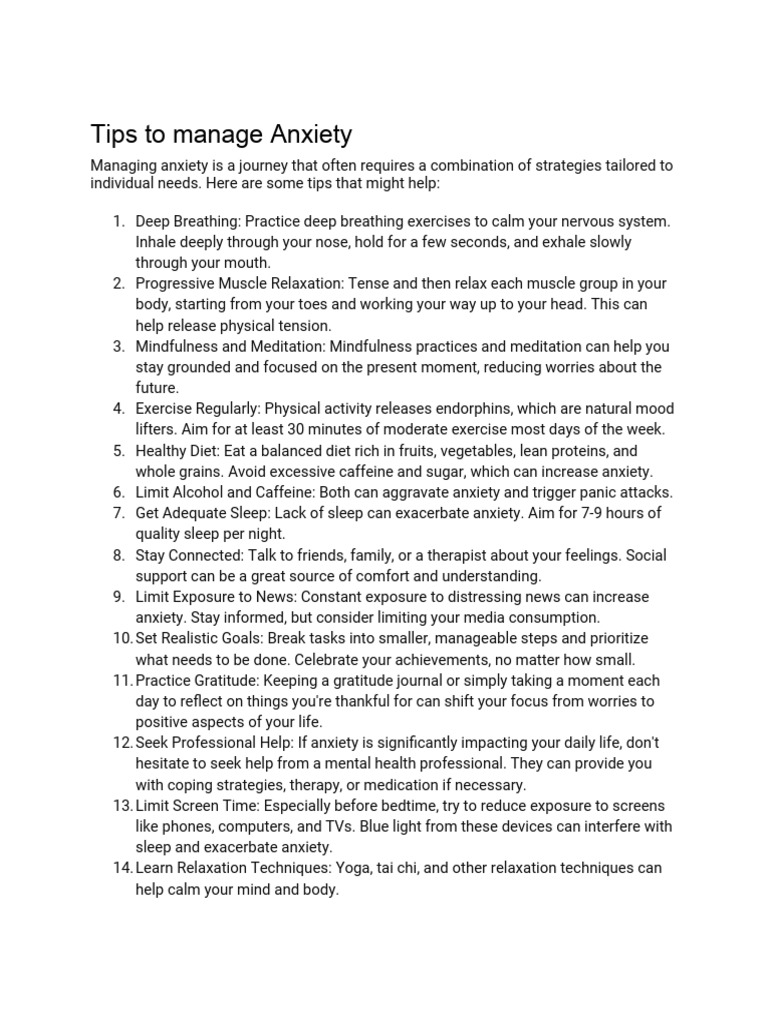 Tips to Manage Anxiety | PDF | Anxiety | Sleep