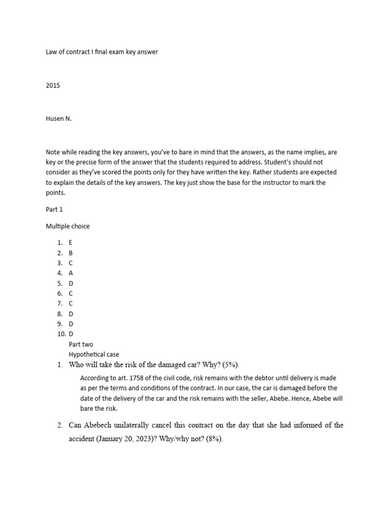 Law of Contract I Final Exam 2015 Key Answer | PDF | Consent | Law Of ...