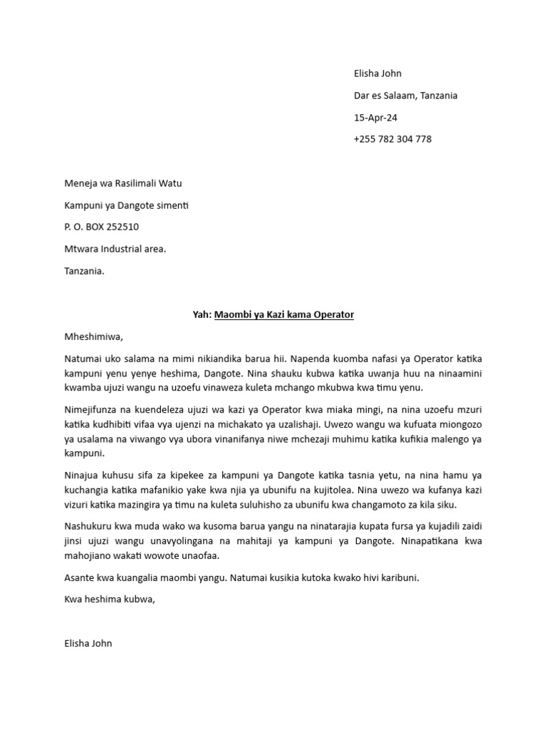 Maombi Ya Kazi Kama Operator - Elisha John | PDF