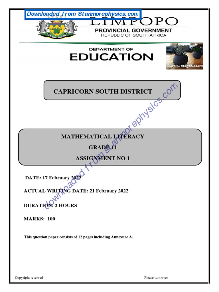 Maths Literacy Grade 11 Assignment 2022 Only | PDF