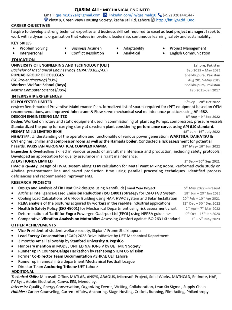 Qasim Ali Resume - Mechanical UET LHR | PDF | Engineering