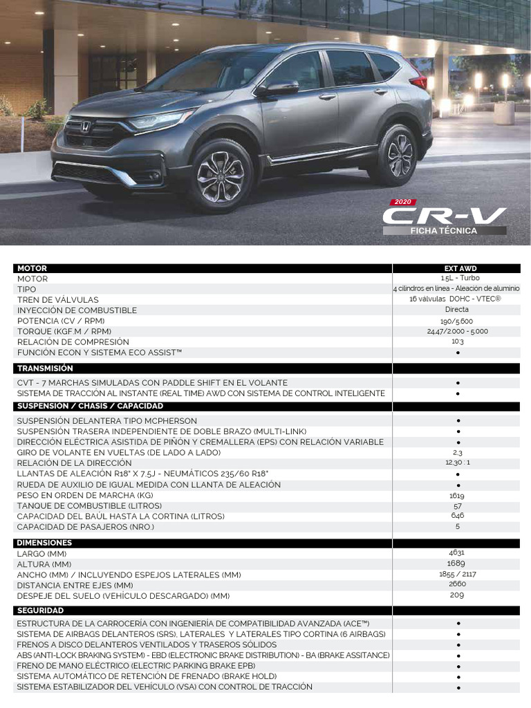 Ficha Tecnica Honda CR V 2020 EXL AWD | PDF | Tracción en las cuatro ruedas | Vehículos