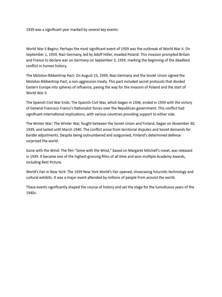 Key Events of 1939: War and Culture | PDF | History