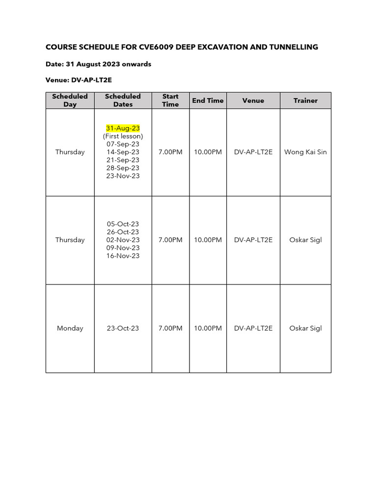 Course Schedule For Cve6009 Deep Excavation and Tunnelling | PDF