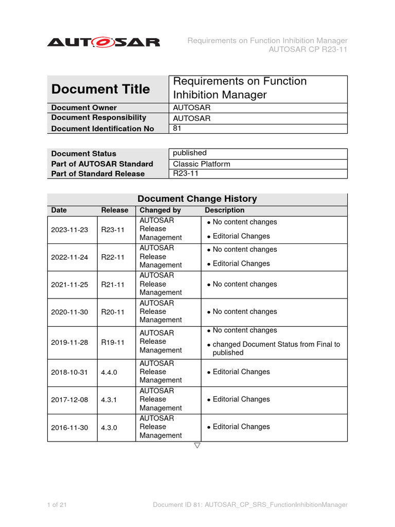 AUTOSAR CP SRS FunctionInhibitionManager | PDF | Application Software | Specification (Technical ...