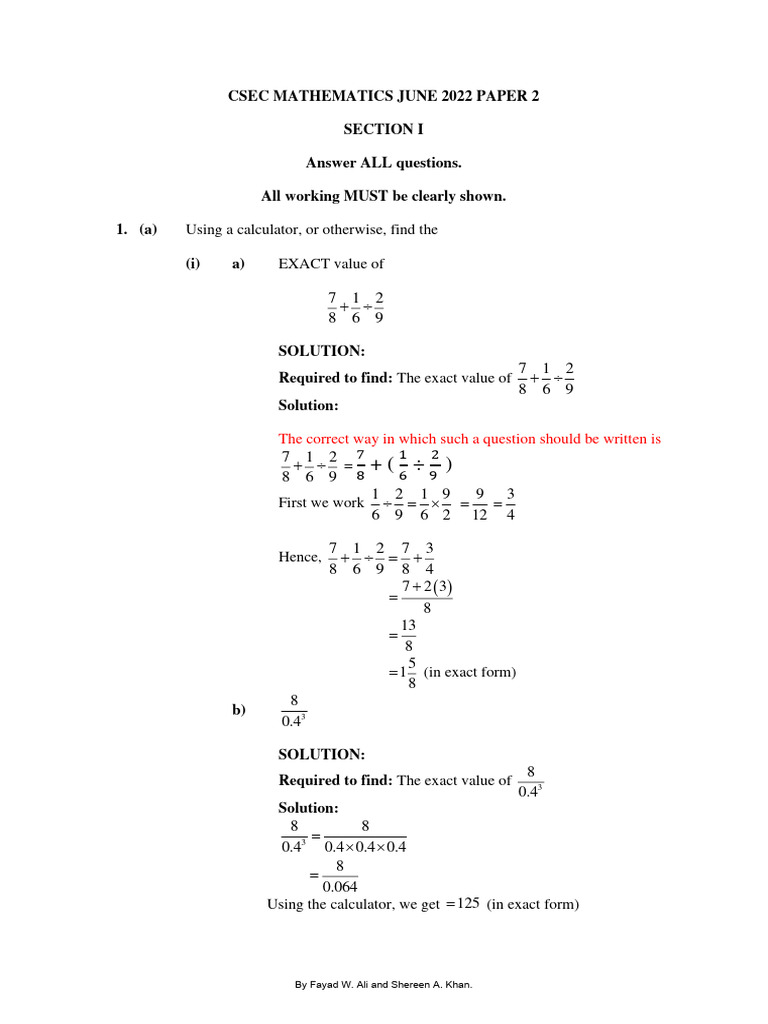 CSEC Math June 2022 Paper 2 Solutions | PDF | Circle | Angle