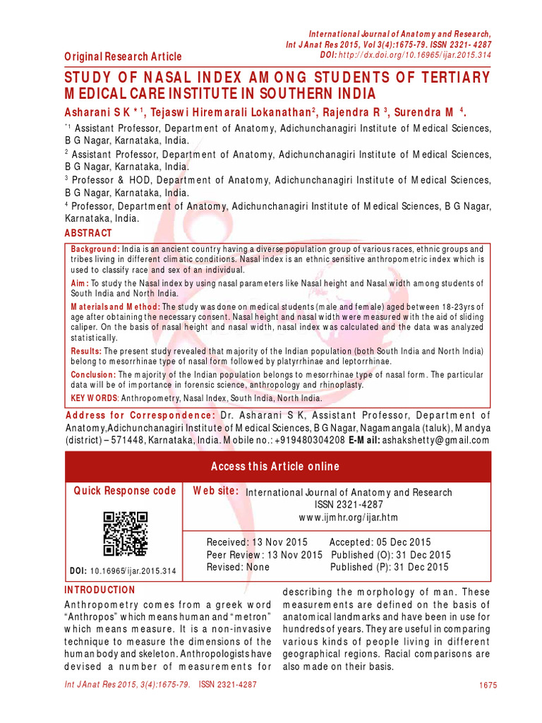 Nasal Index Study in Indian Medical Students | PDF | Human Nose | Human ...