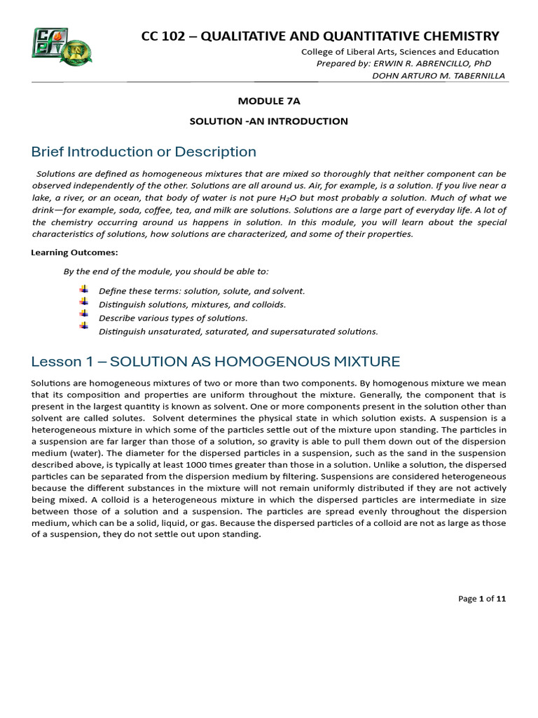 Ofjoqvmfa - CC102 MODULE 7A Intro To Solution | PDF | Mixture | Solubility