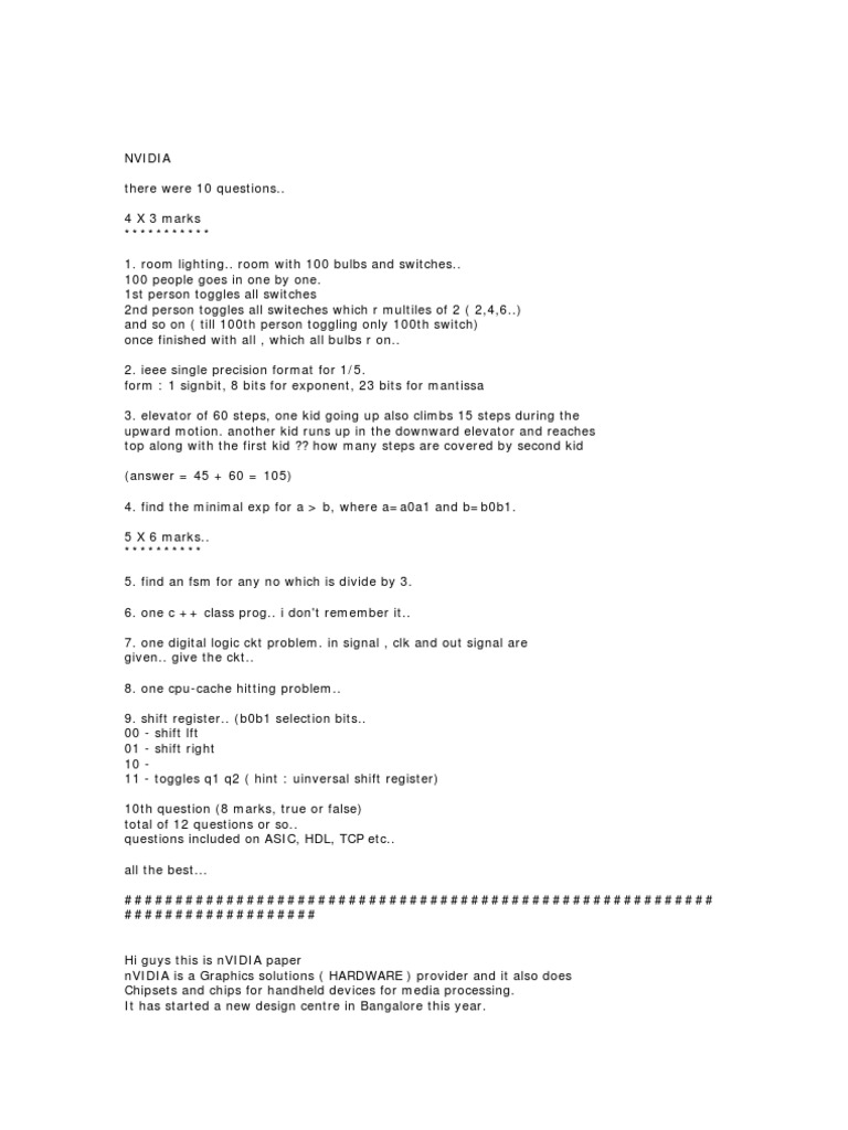 NVIDIA interview and technical questions paper from 2004 | PDF | Bit ...