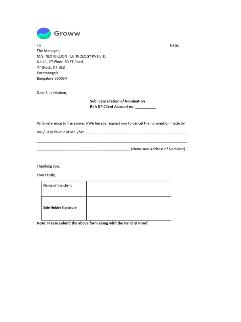 Groww Nominee Cancelation Form | PDF